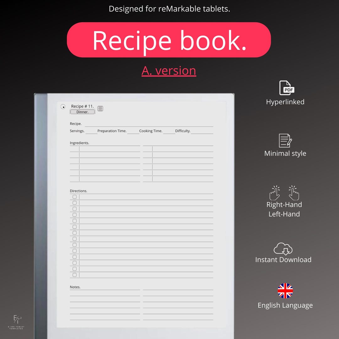 Recipe Book for Remarkable 2 Version A (ENGLISH LANGUAGE), Cook Book ...