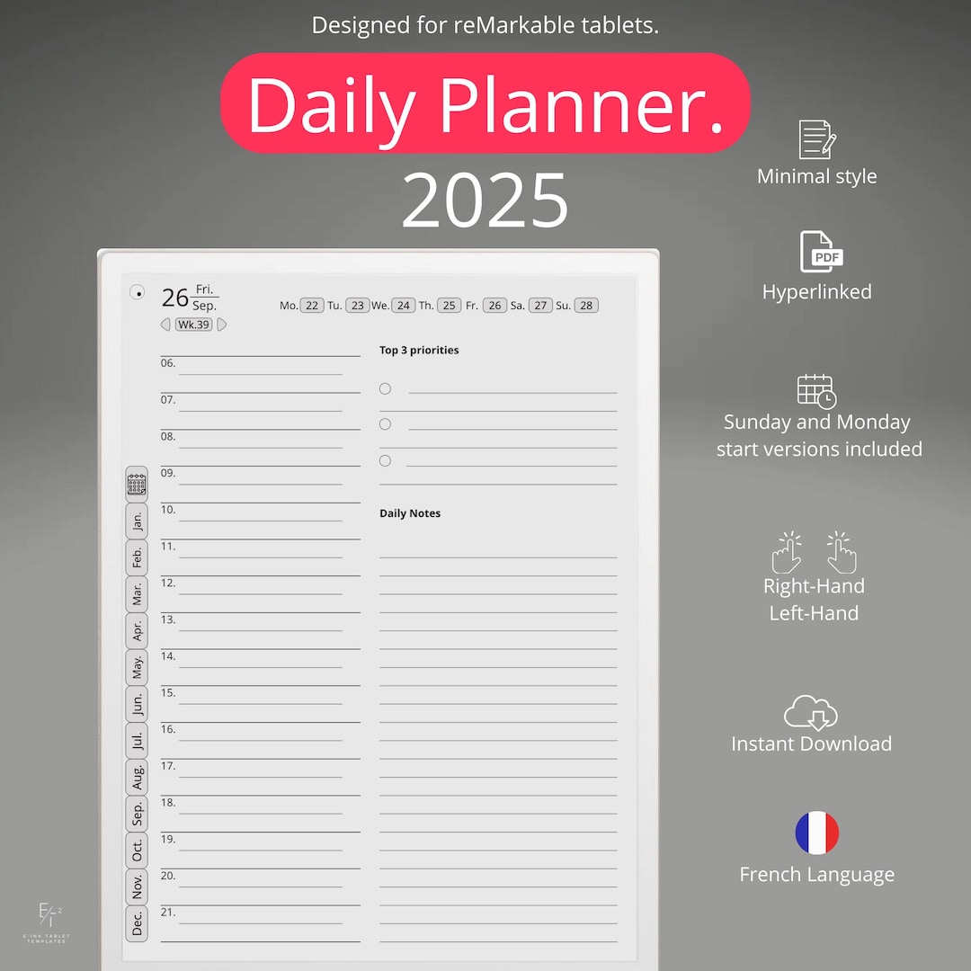 Daily Planner for Remarkable Paper Pro 2025 (FRENCH LANGUAGE), Digital ...