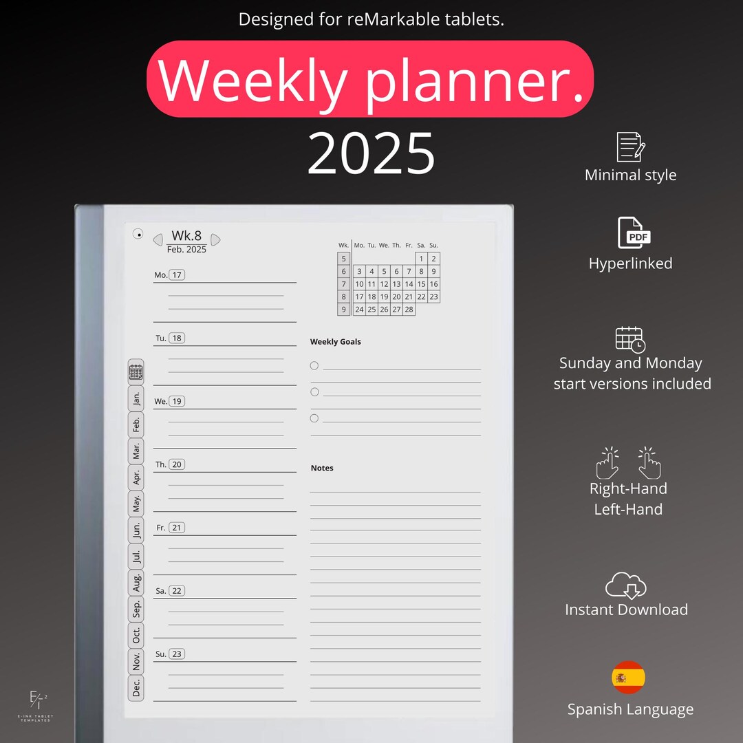 Weekly Planner for Remarkable 2 2025 (SPANISH LANGUAGE), Digital Pdf ...