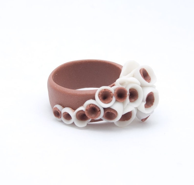 Flower Statement Porcelain Ring Coral Brown White Ceramic - Etsy