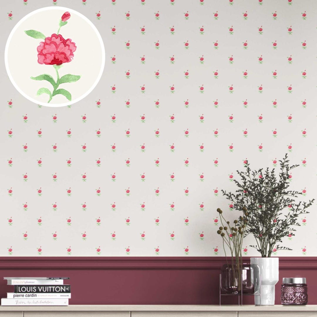Small Floral Blockprint Wallpaper. Extra Wide Roll. Vintage Patterned ...