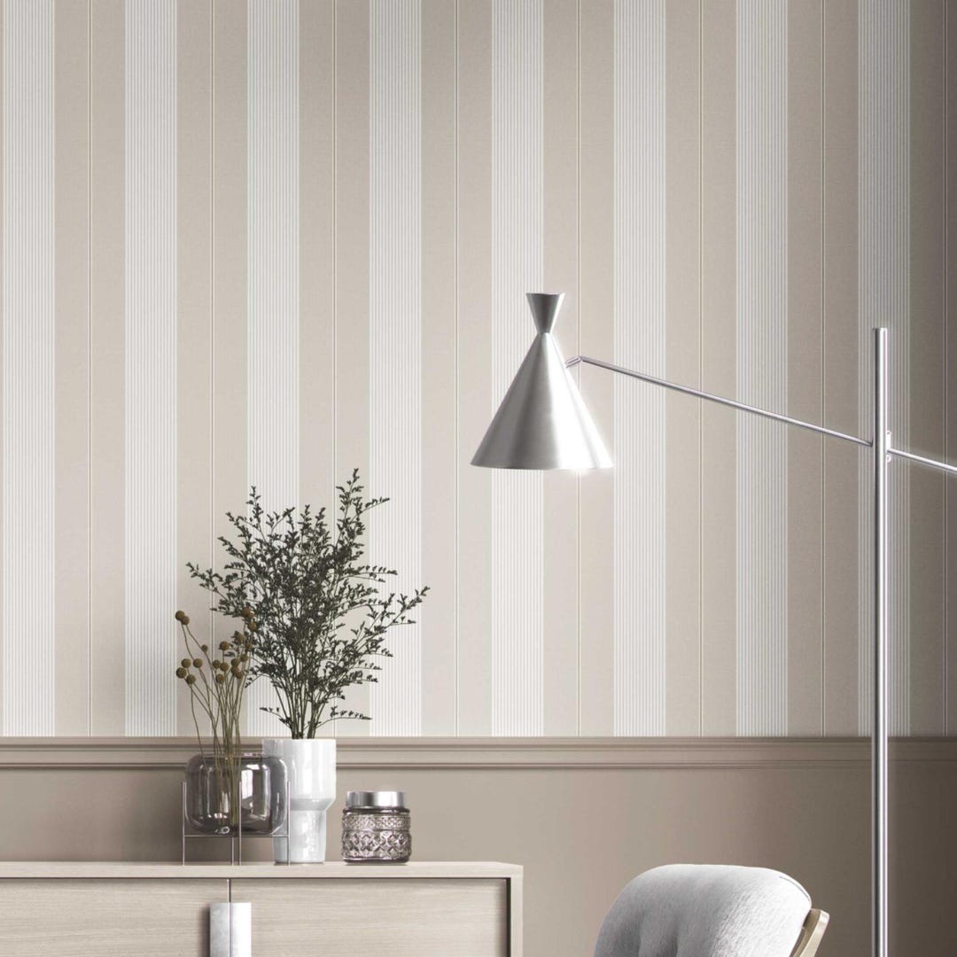 Striped Wallpaper. Extra Wide Roll. Greige/ Beige/ Warm Gray Geometric ...