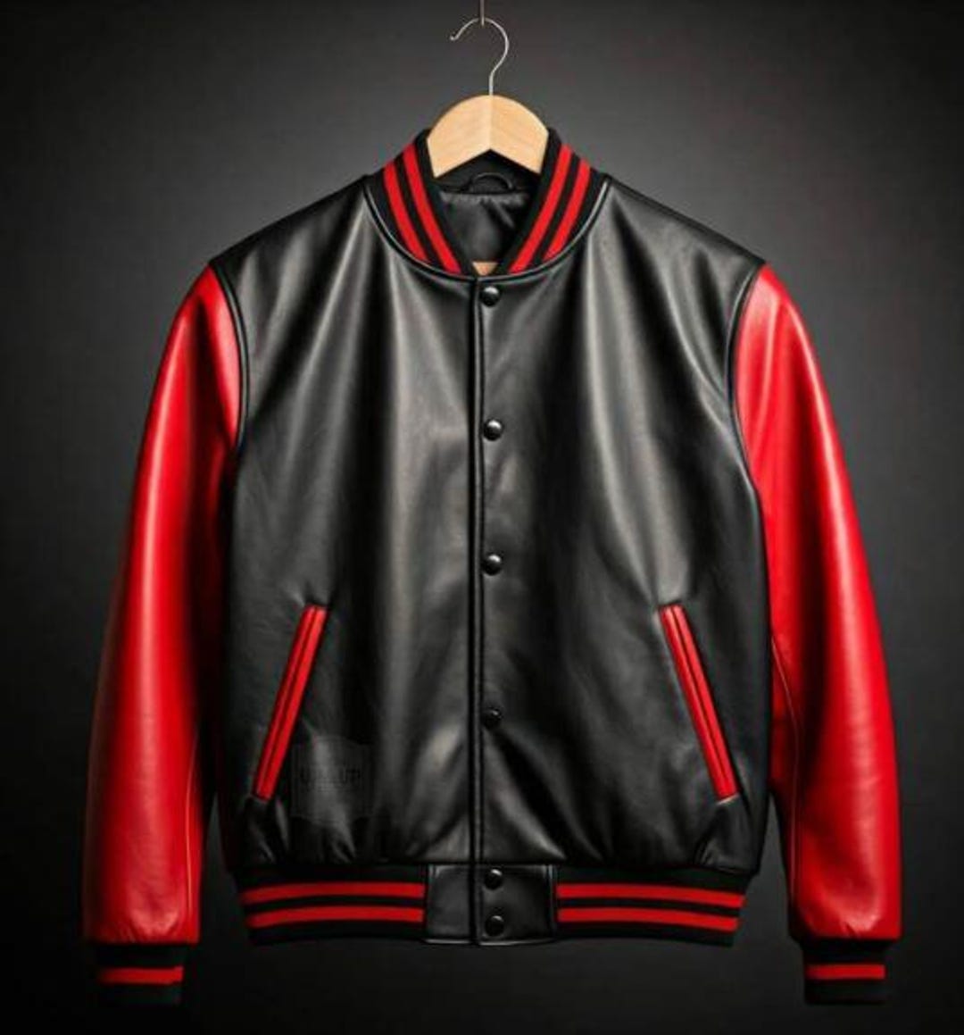 Mens Varsity Style Black and Red Leather Jacket - Letterman Bomber ...