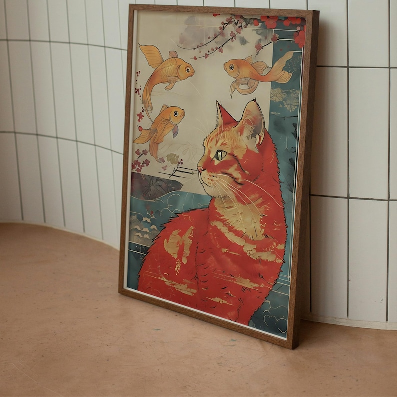 Japanese Tabby Cat Art, Aesthetic Animal Illustration, Retro Japandi ...