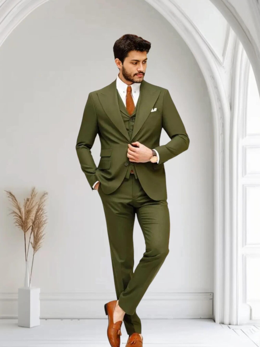 Luxury Olive Green Three Piece Suit Men's Blazer. for Men, Grooms Men Suit, Anniversary Suit ...