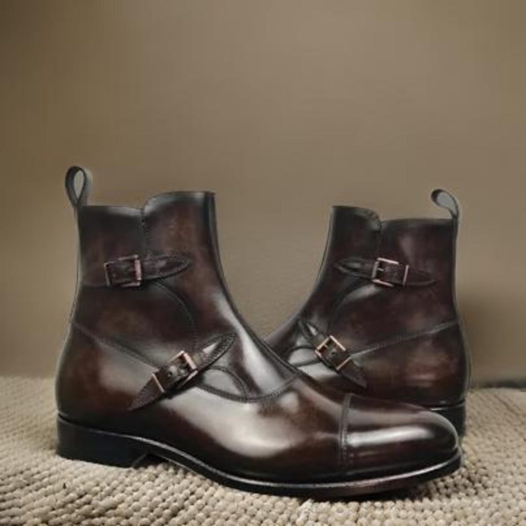 Handmade Chocolate Brown Monks Double Buckle Strap High Ankle Leather ...
