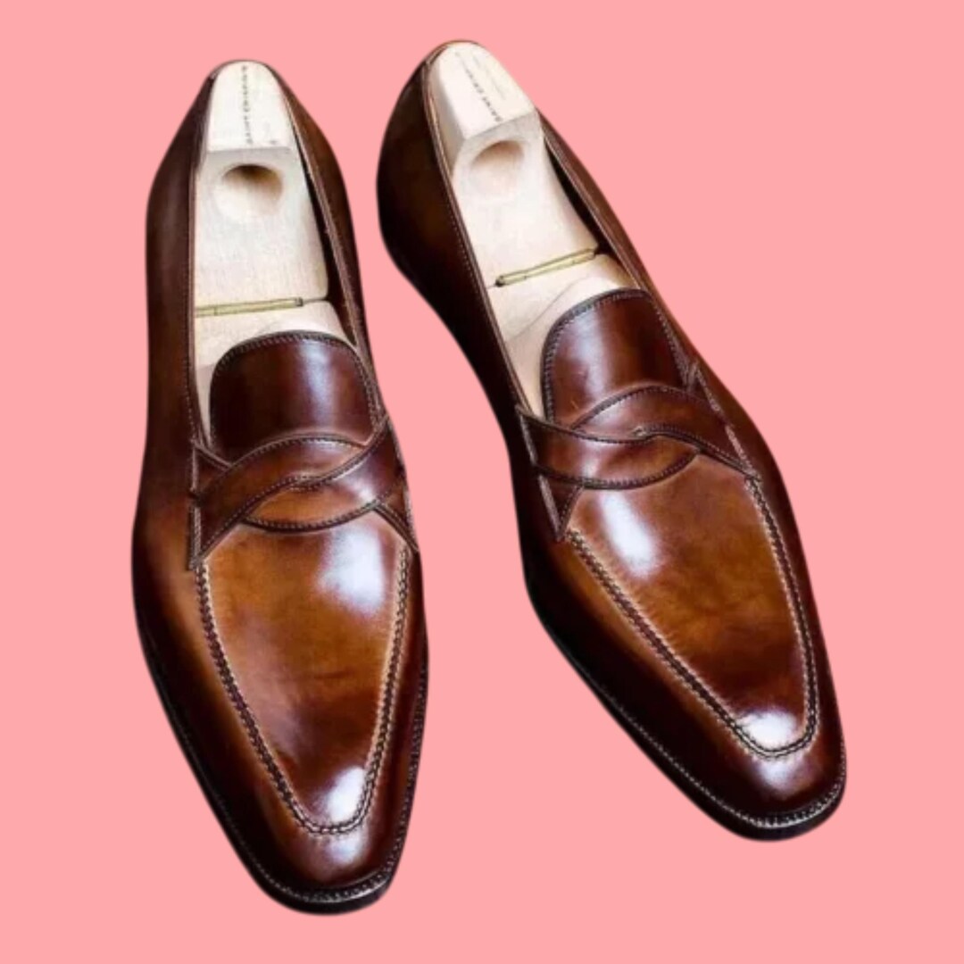 Handmade Men's Brown Penny Loafer Narrow Toe Original Leather Loafer ...