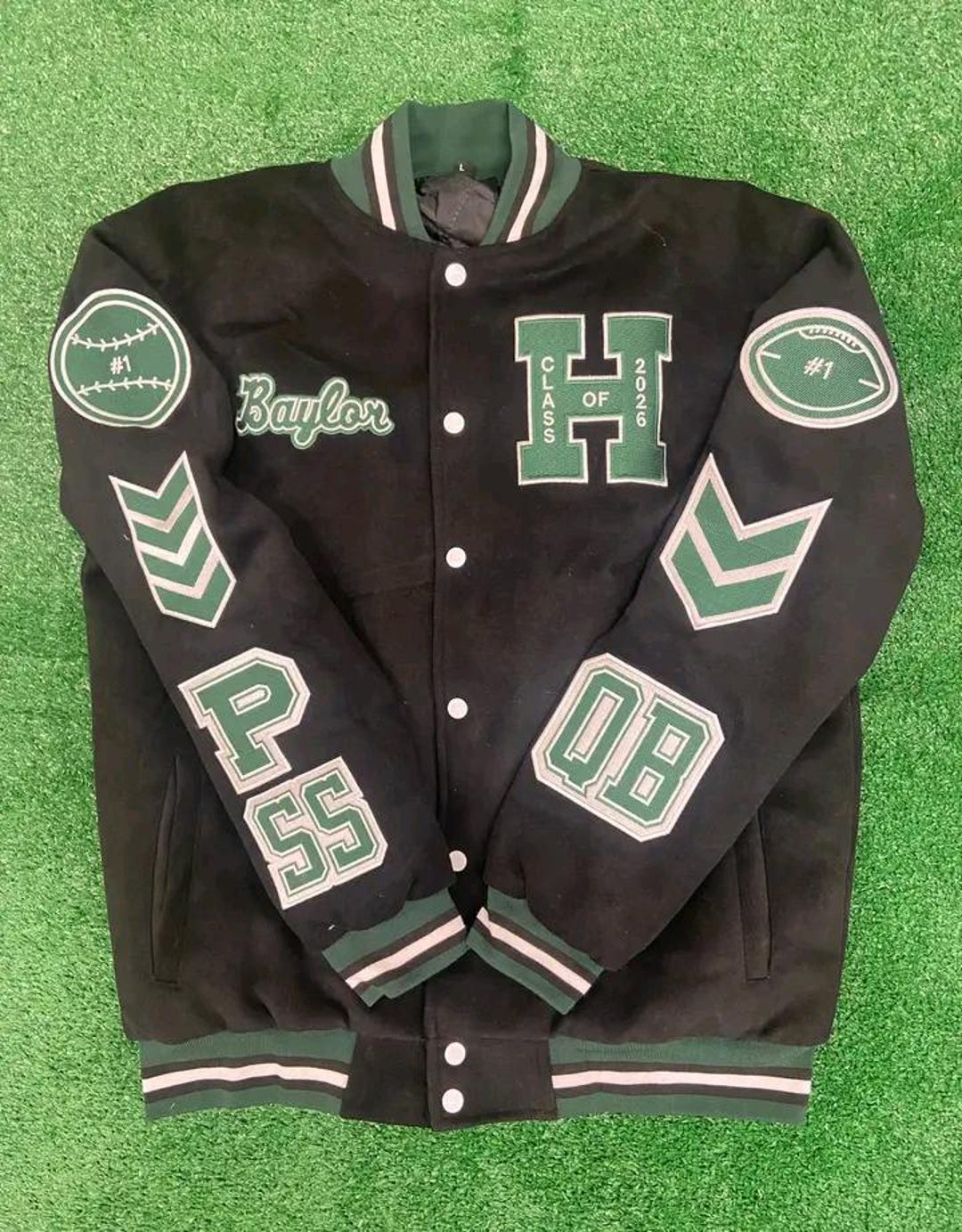Custom Baylor Class of 2026 Varsity Jacket - Green Chenille Patches ...