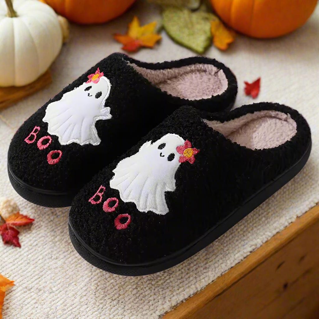 Cute Ghost Slippers – Cute BOO Embroidered Halloween House Shoes, Plush ...