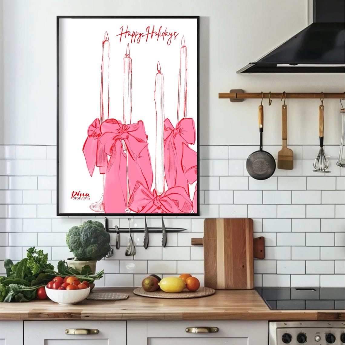 Happy Holidays Candle Card, Christmas Wall Art, Hand Painted Poster ...