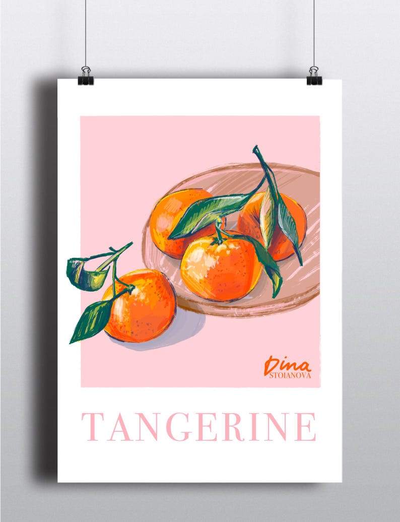 Tangerine: Hand Painted Christmas Card, Orange Wall Art, Pop Prints ...