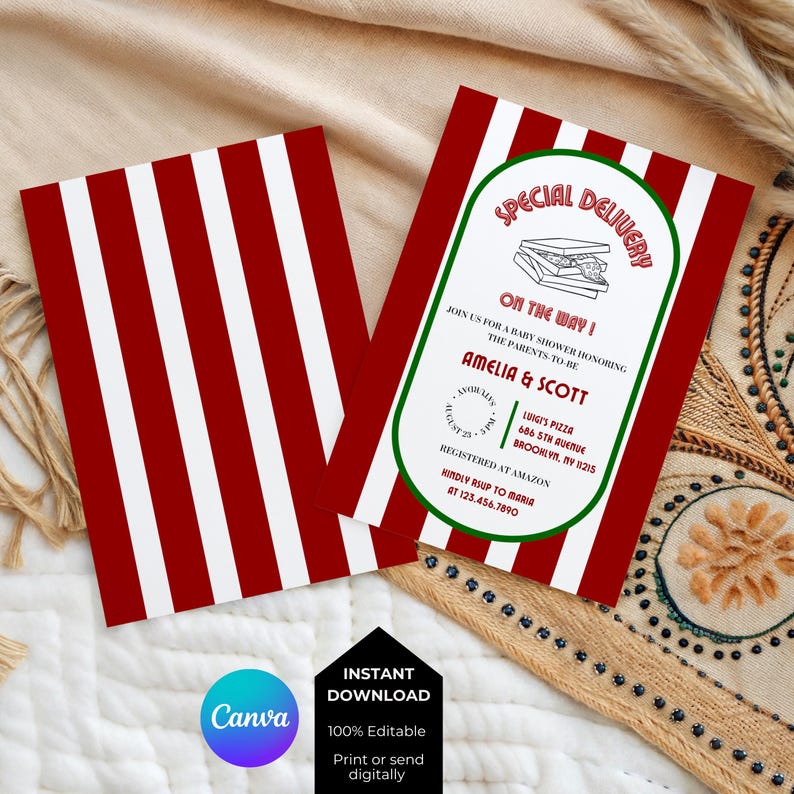 Special Delivery Pizza Baby Shower Invitation Template Editable, Italy ...