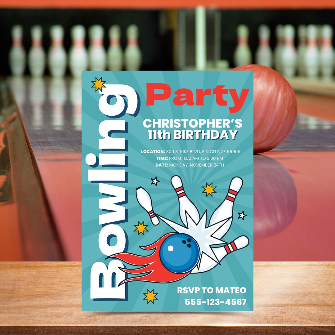 Editable Bowling Party Invitation – Retro Stirke Celebration Template ...