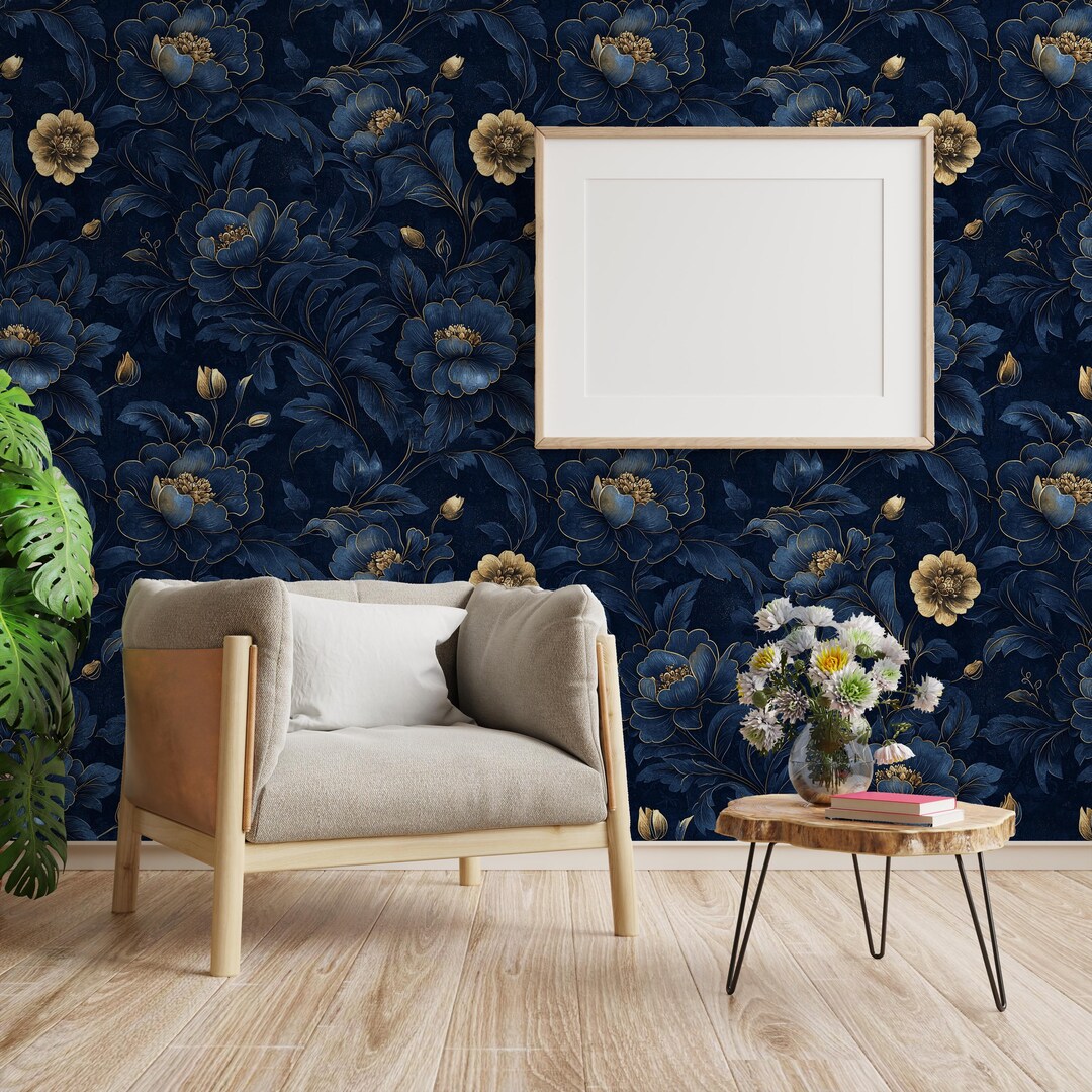 Elegant Dark Blue & Gold Floral Wallpaper - Vintage Peony Design ...