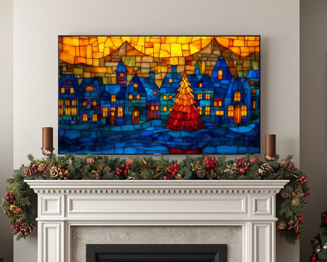 Stained Glass Christmas Town - TV Art, Samsung Frame TV, Apple TV, Roku ...