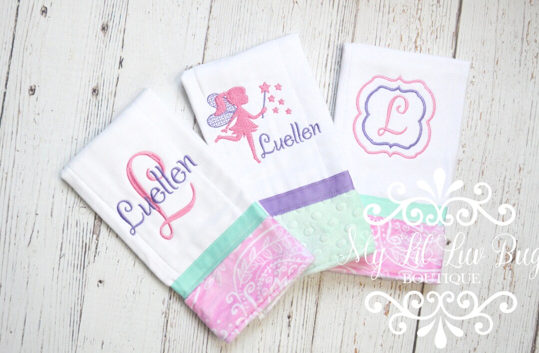 Fairy Princess Personalized Burp Cloth Set of 3 Pink and Purple Fairy ...