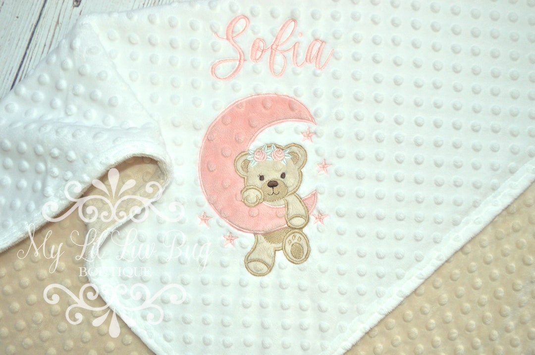 Personalized Moon and Stars Flower Teddy Bear Baby Girl Blanket Peach ...