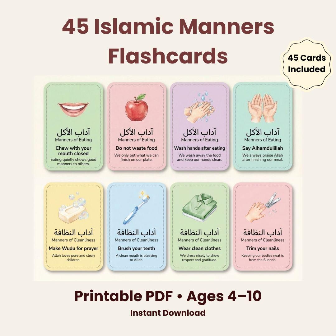 45 Islamic Manners Flashcards for Kids, Adab Printable PDF, Muslim ...
