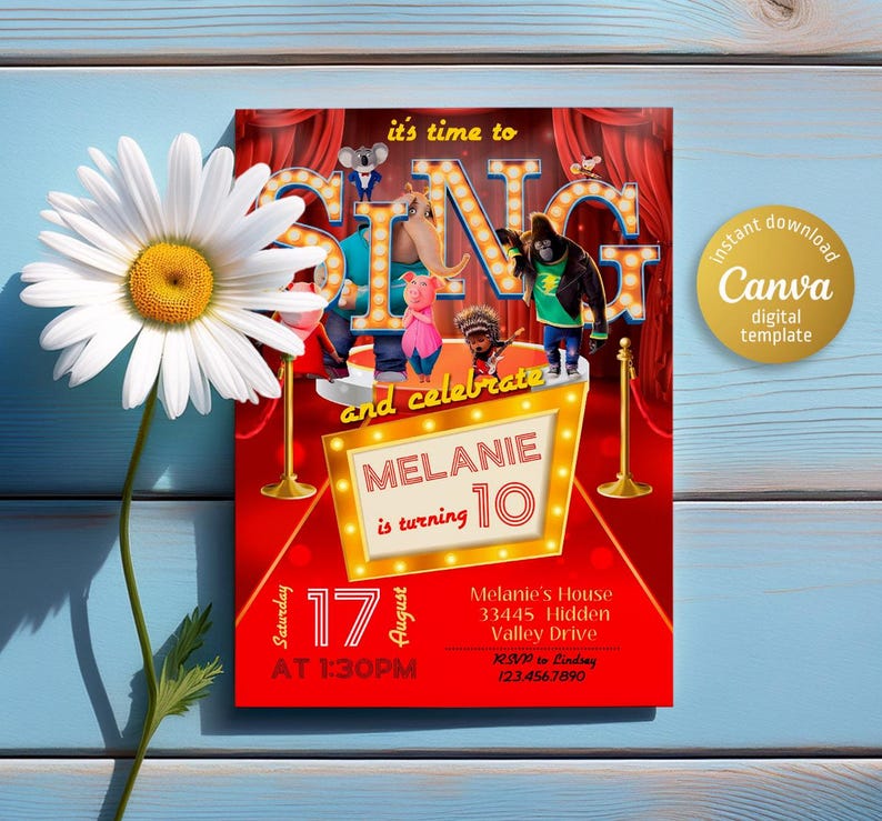 Editable Singer Invitation, Printable Sing 2 Birthday Invitation ...
