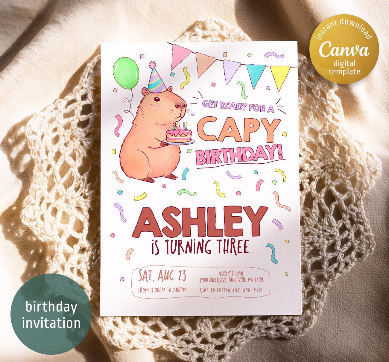 Capybara Birthday Invitation, Printable Editable Cute Capybara Birthday ...