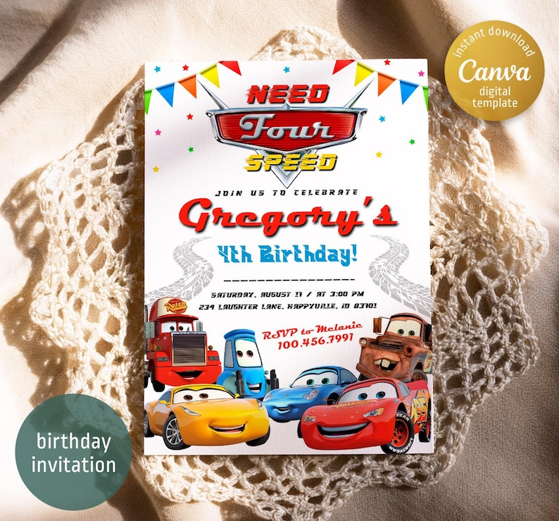 Lightning Mcqueen Birthday Invitation, Cars Theme (canva Template) - Etsy
