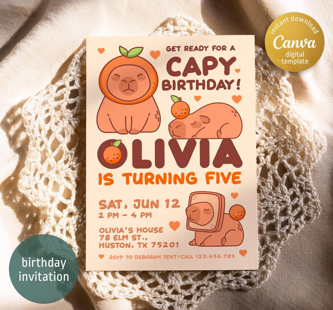 Invitación de cumpleaños de capibara, invitación de cumpleaños de ...