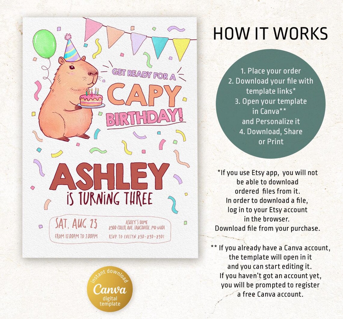 Capybara Birthday Invitation, Printable Editable Cute Capybara Birthday ...