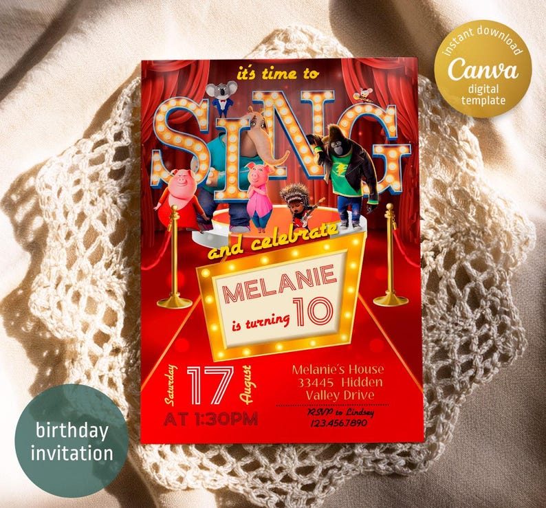 Editable Singer Invitation, Printable Sing 2 Birthday Invitation ...