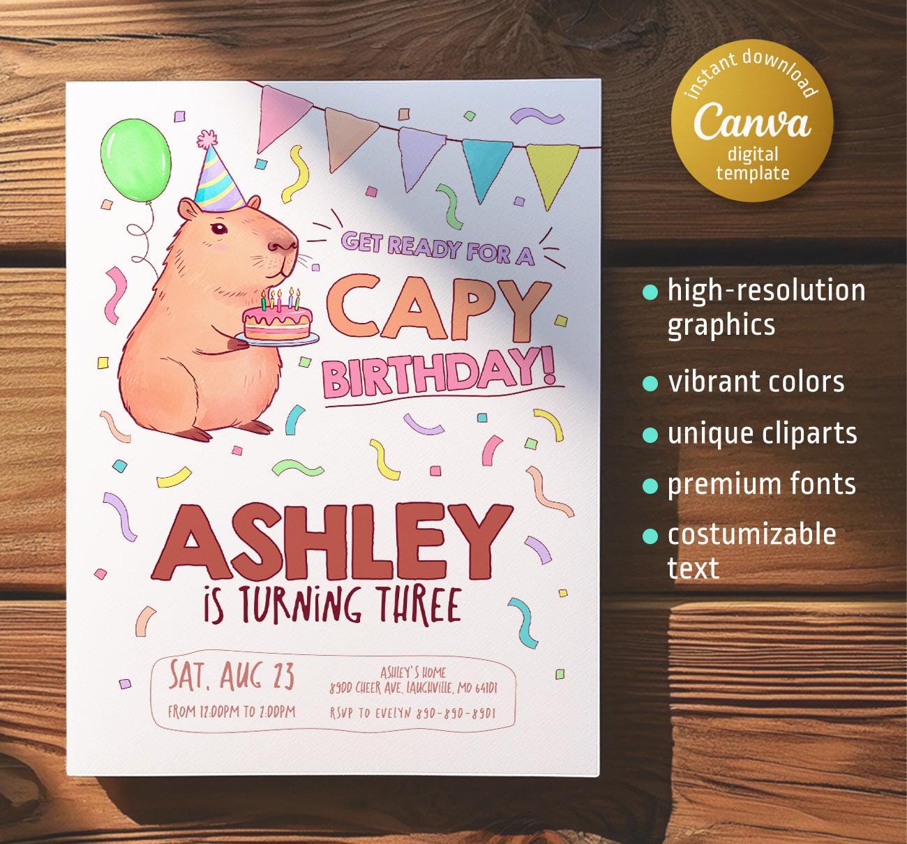 Capybara Birthday Invitation, Printable Editable Cute Capybara Birthday ...