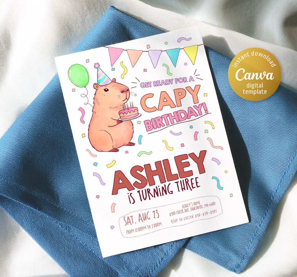 Capybara Birthday Invitation, Printable Editable Cute Capybara Birthday ...