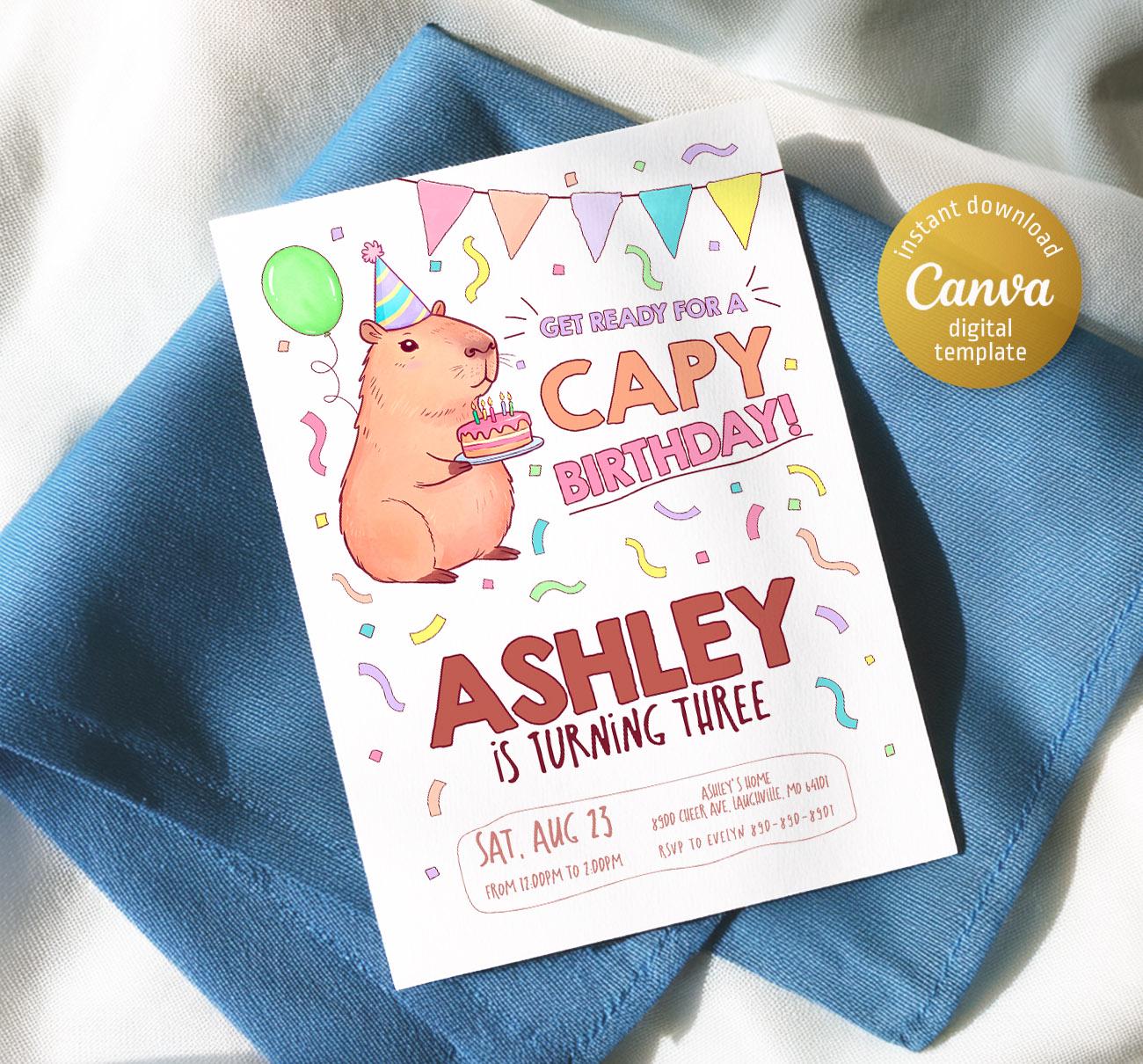 Capybara Birthday Invitation, Printable Editable Cute Capybara Birthday ...