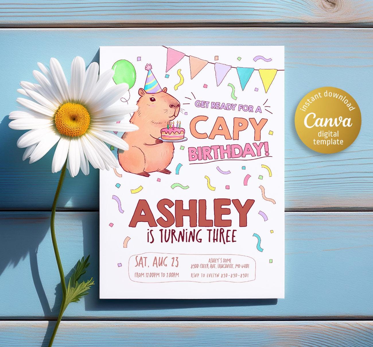 Capybara Birthday Invitation, Printable Editable Cute Capybara Birthday ...