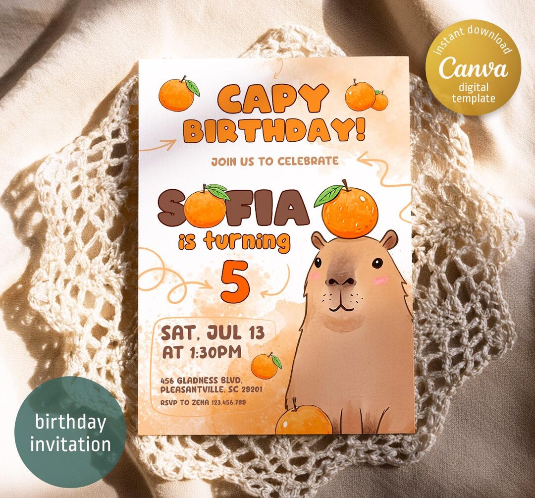 Capybara Birthday Invitation, Printable Editable Cute Capybara Birthday ...