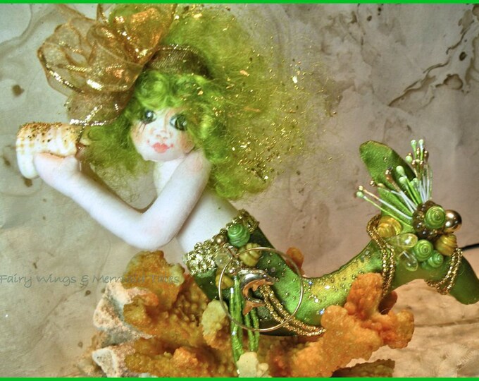 OOAK Mermaid Art Doll Lime Gold Glitter W Dolphin & Sea Shells - Etsy