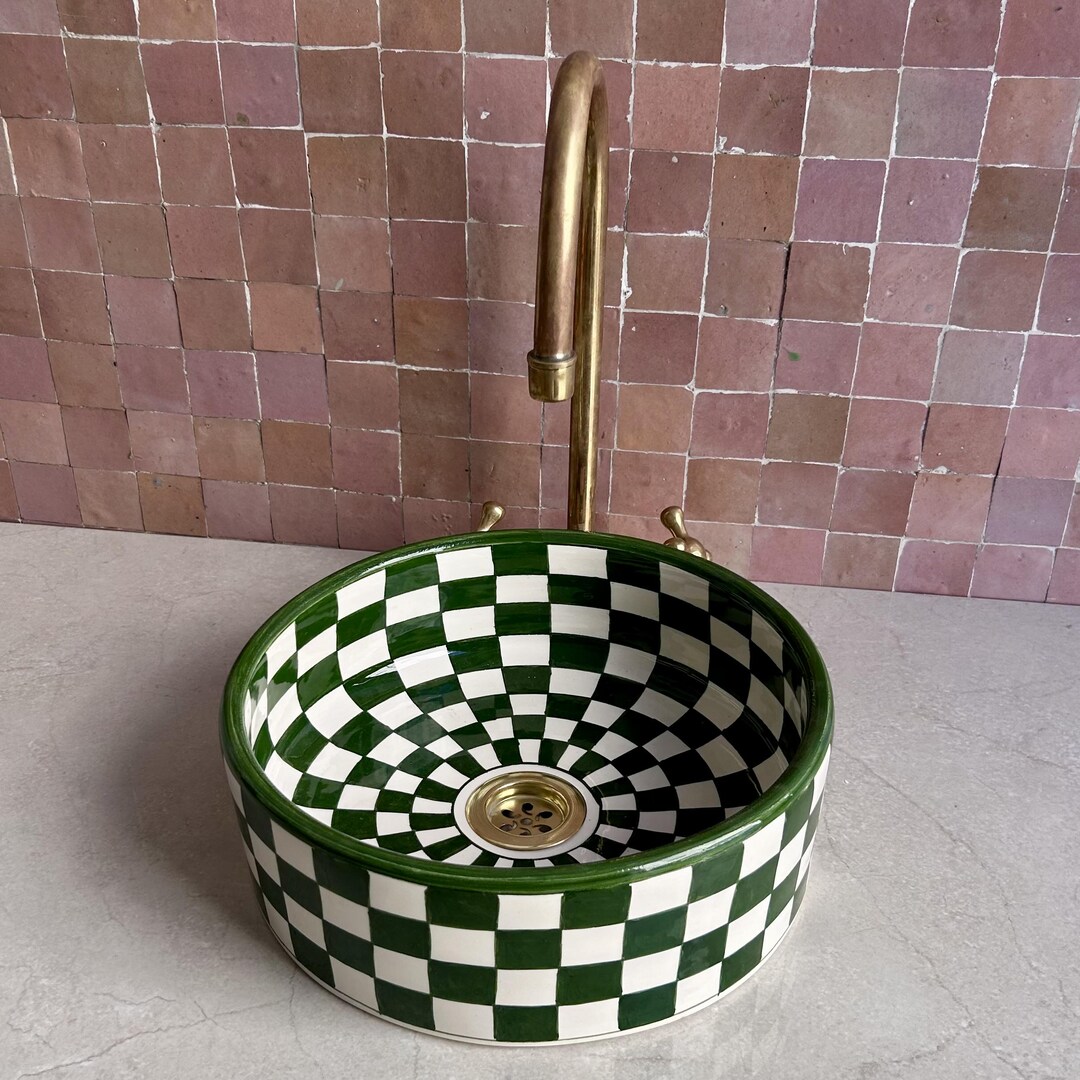 Unique Moroccan Green Checkered Sink – Hand-painted Round Ceramic ...