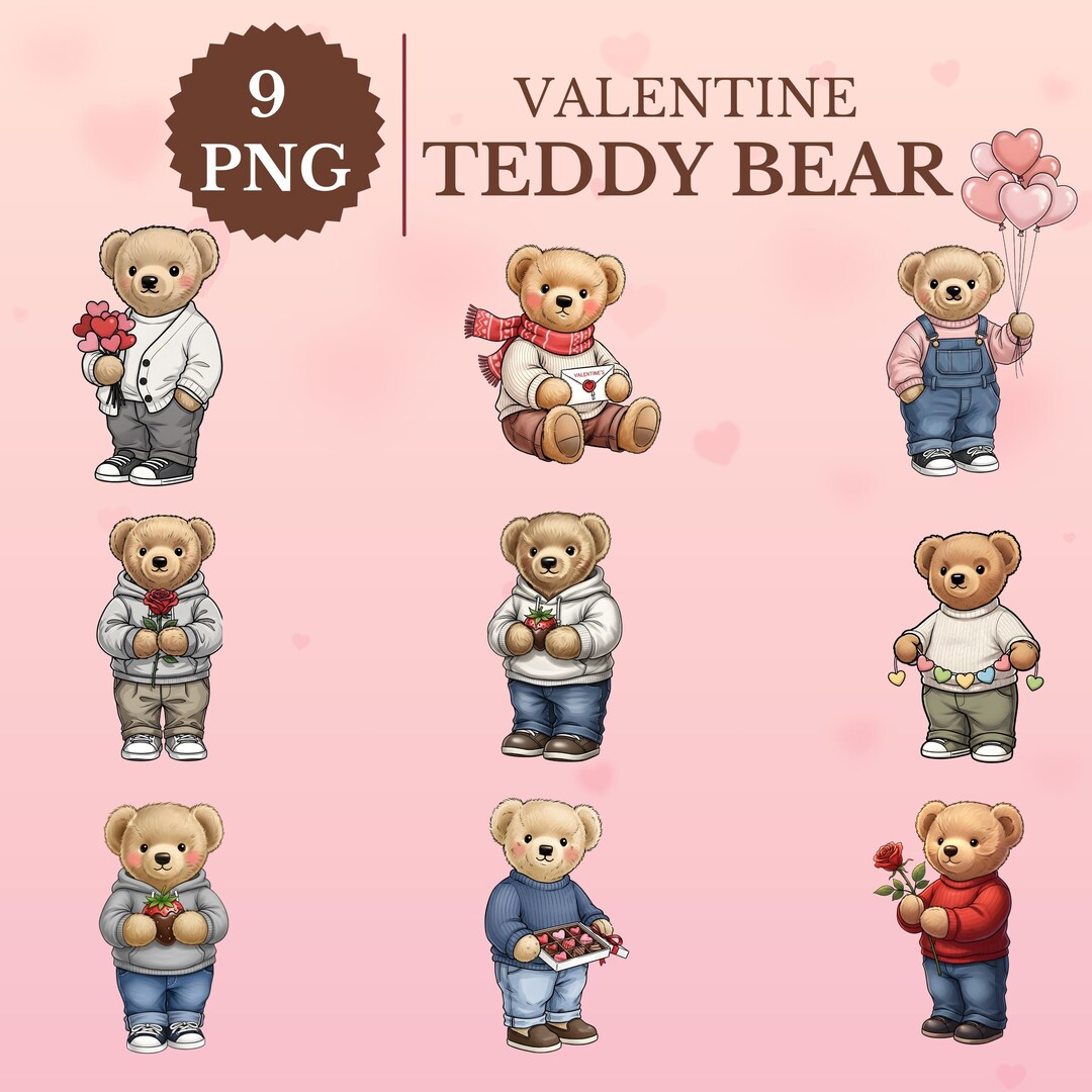 Valentine Teddy Bear PNG Bundle | 9 Cute Love Bears Clipart | Valentine ...