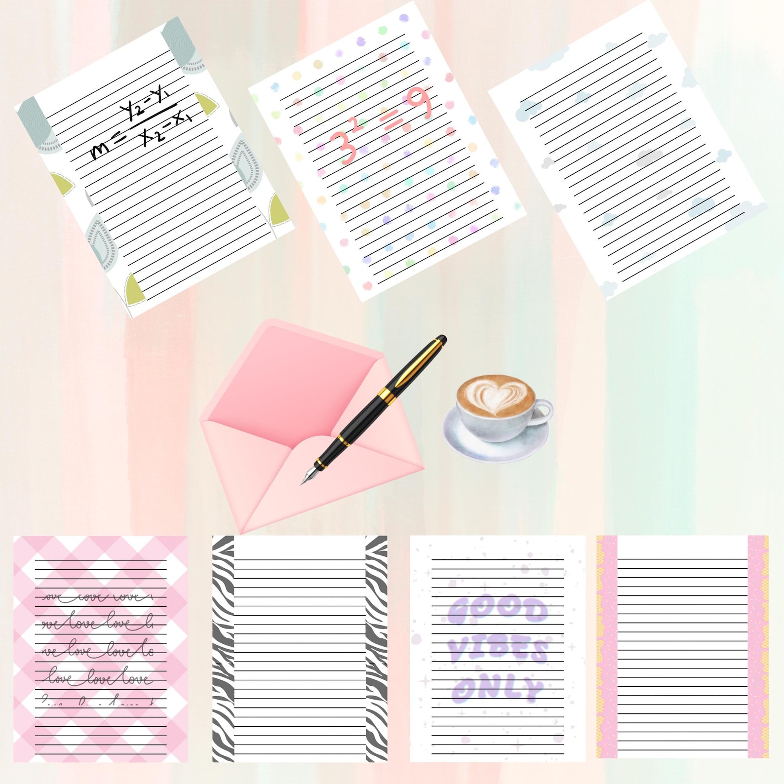 Printable Lined Note Paper Set | 25 Piece Cute Designs | Trendy ...