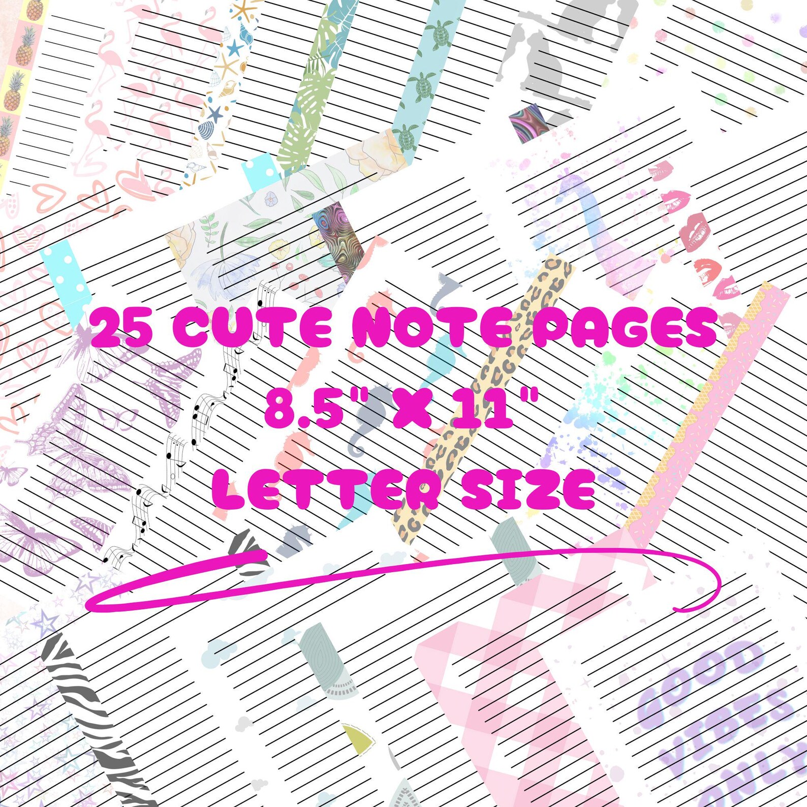 Printable Lined Note Paper Set | 25 Piece Cute Designs | Trendy ...