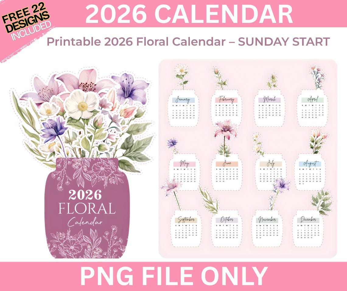 2026 Floral Calendar PNG Bundle Sunday Start | Minimal Boho Monthly ...