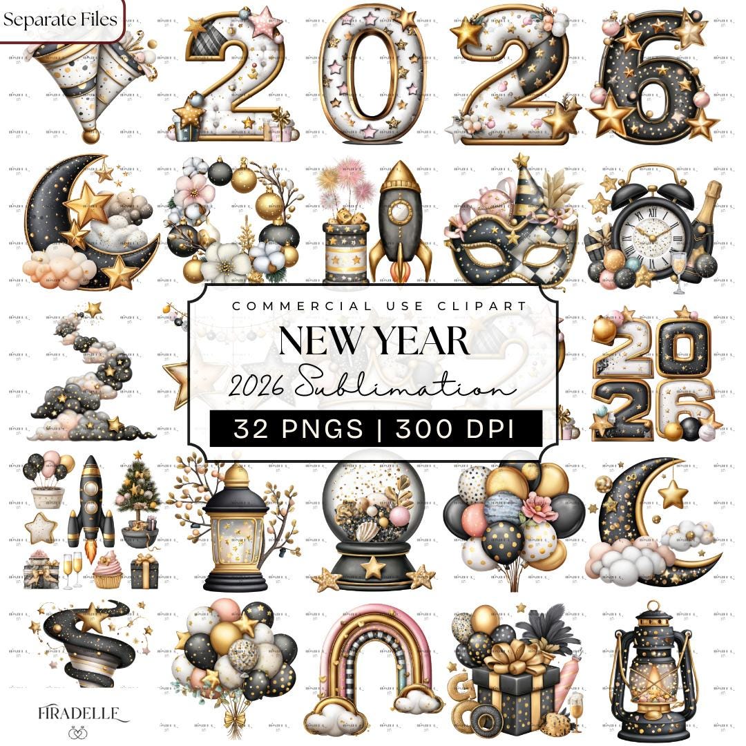 2026 New Year Sublimation PNG Bundle | Happy New Year 2026 Clipart ...