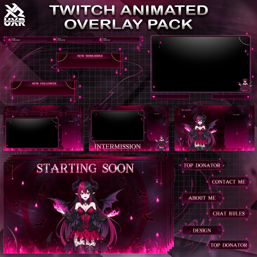 Animiertes Gothic VTuber Twitch Overlay Paket | Demon Girl Anime Stream ...