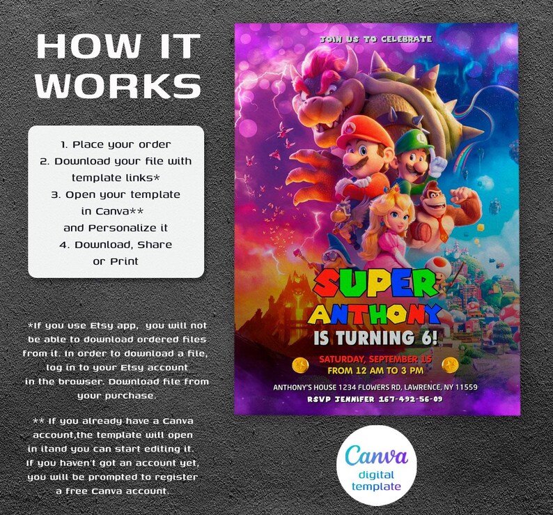 Mario Bros Invitation, Birthday Invite Boy Girl, Super Mario Movie ...