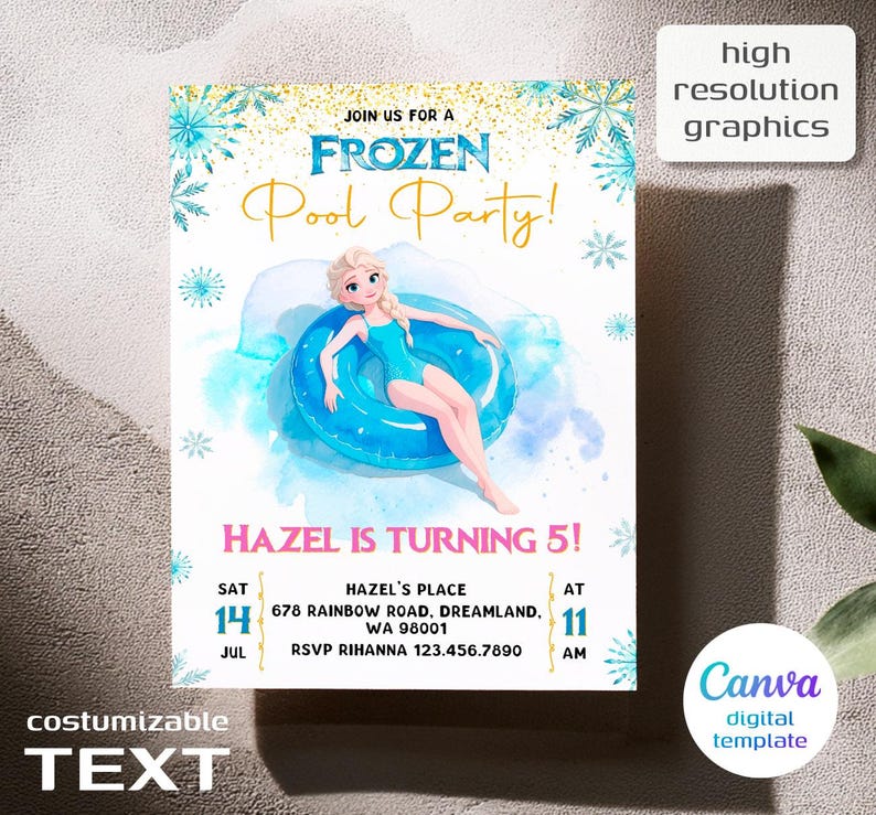 Frozen Princess Elsa Invitation, Girl Pool Party Birthday, Anna Invite ...