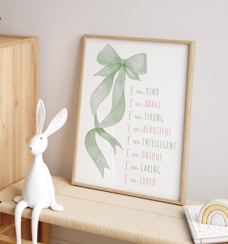 Sage Green and Pink Bow Positive Affirmations Wall Art, Printable ...