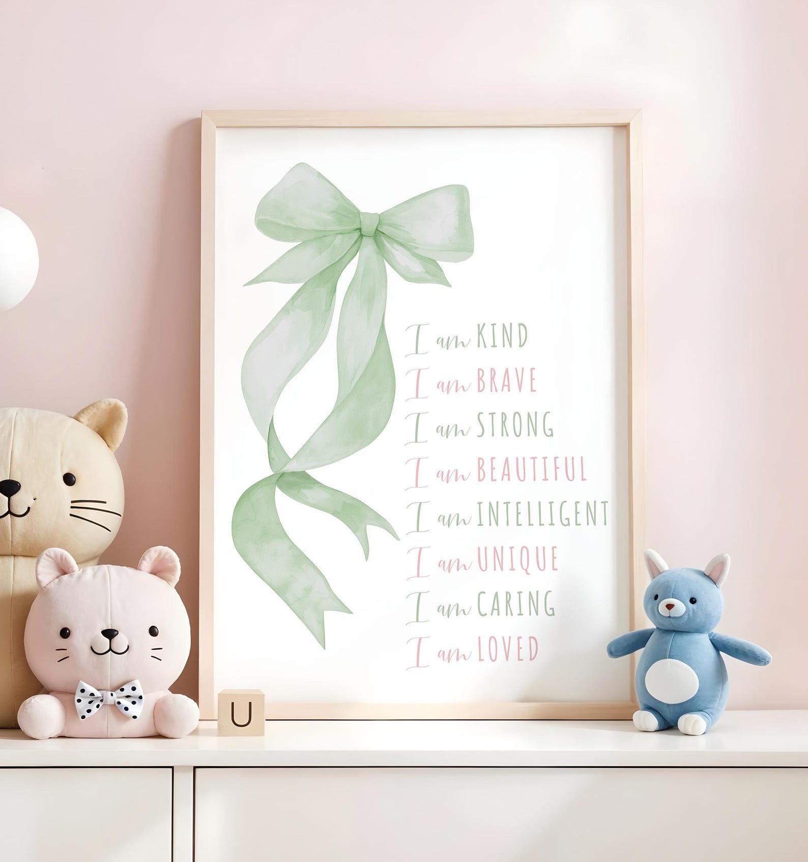 Sage Green and Pink Bow Positive Affirmations Wall Art, Printable ...
