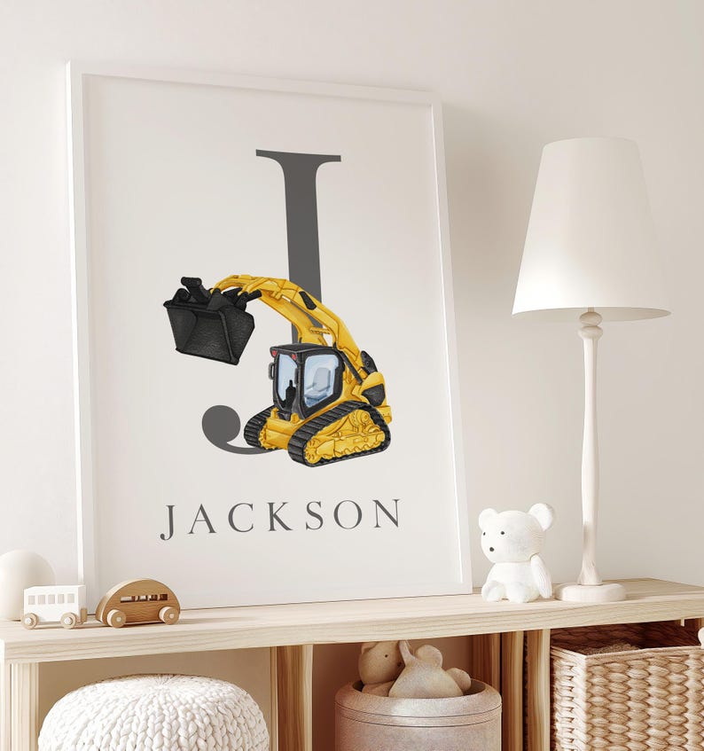 Construction Wall Art Boy's Room, Construction Prints, Monogram, Digger ...