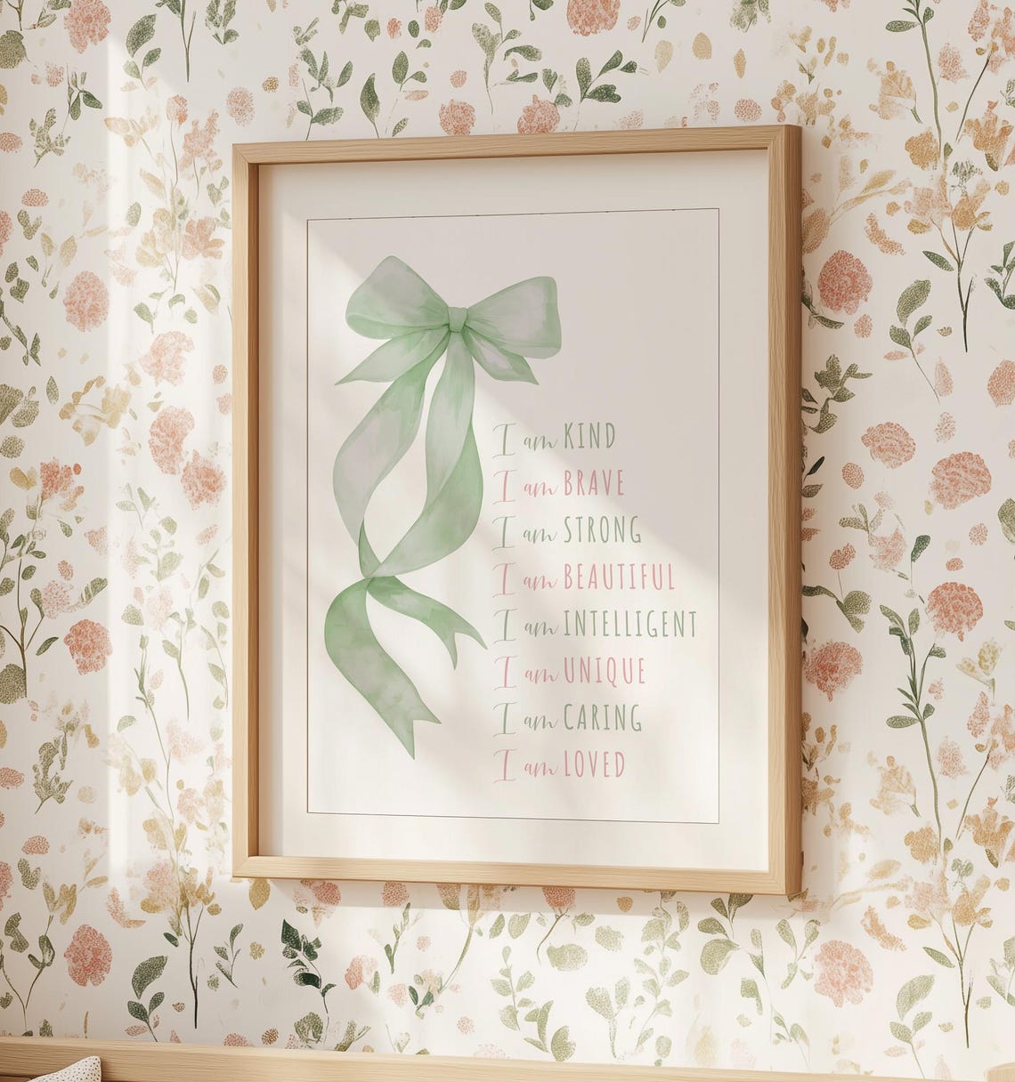 Sage Green and Pink Bow Positive Affirmations Wall Art, Printable ...