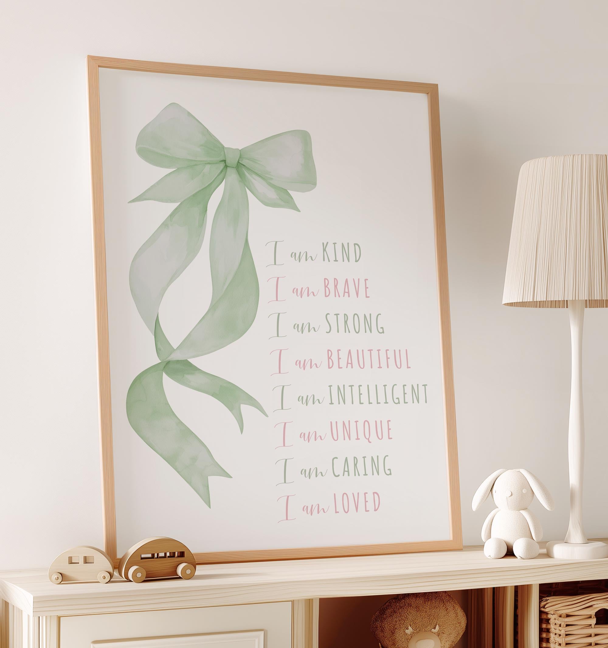 Sage Green and Pink Bow Positive Affirmations Wall Art, Printable ...