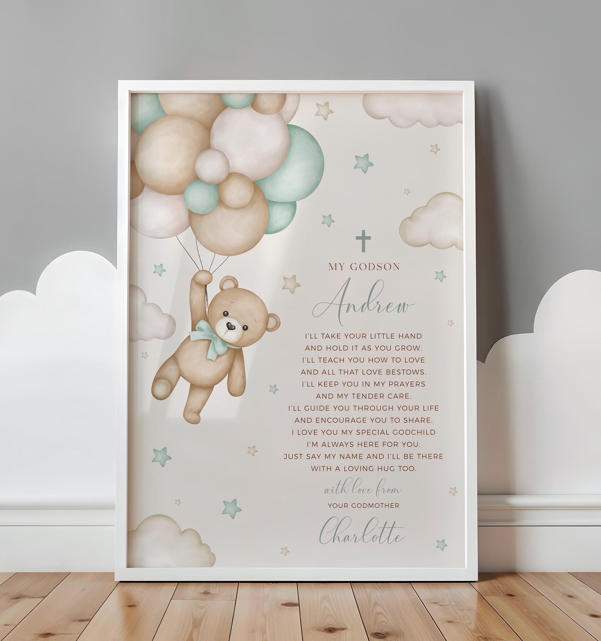 Personalized Bear Baptism Prayer Art, Boy Christening Gift, Sage Green ...