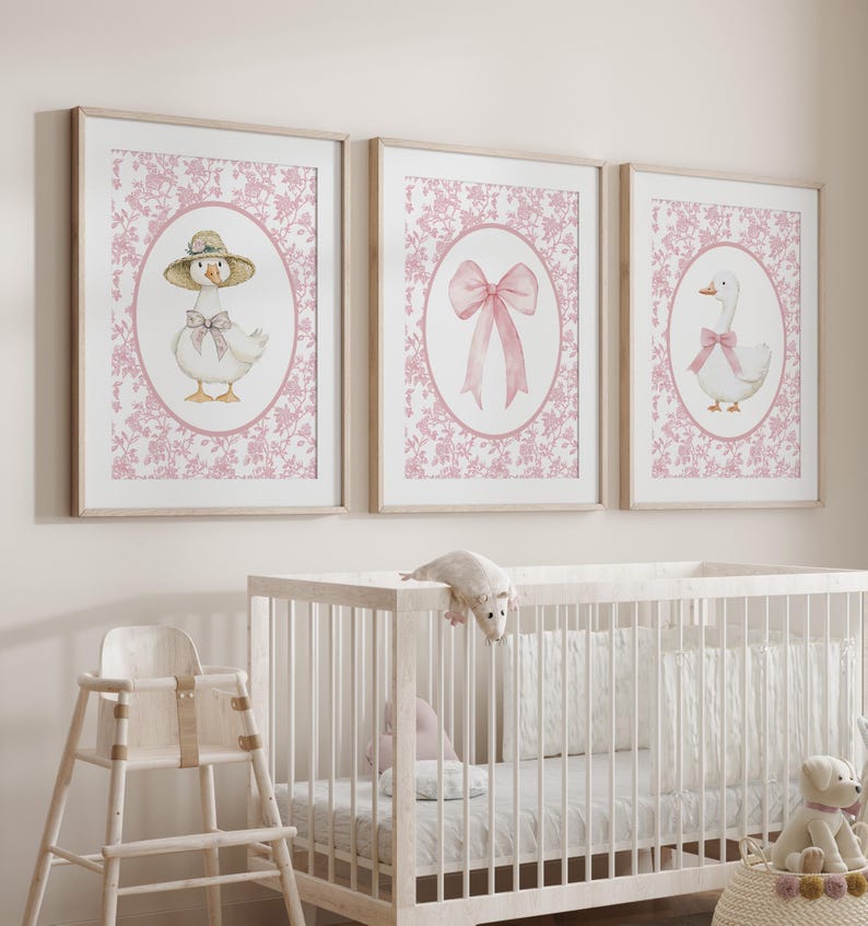 Silly Goose Nursery Art, Printable Bow Wall Decor, Pink Toile Prints ...